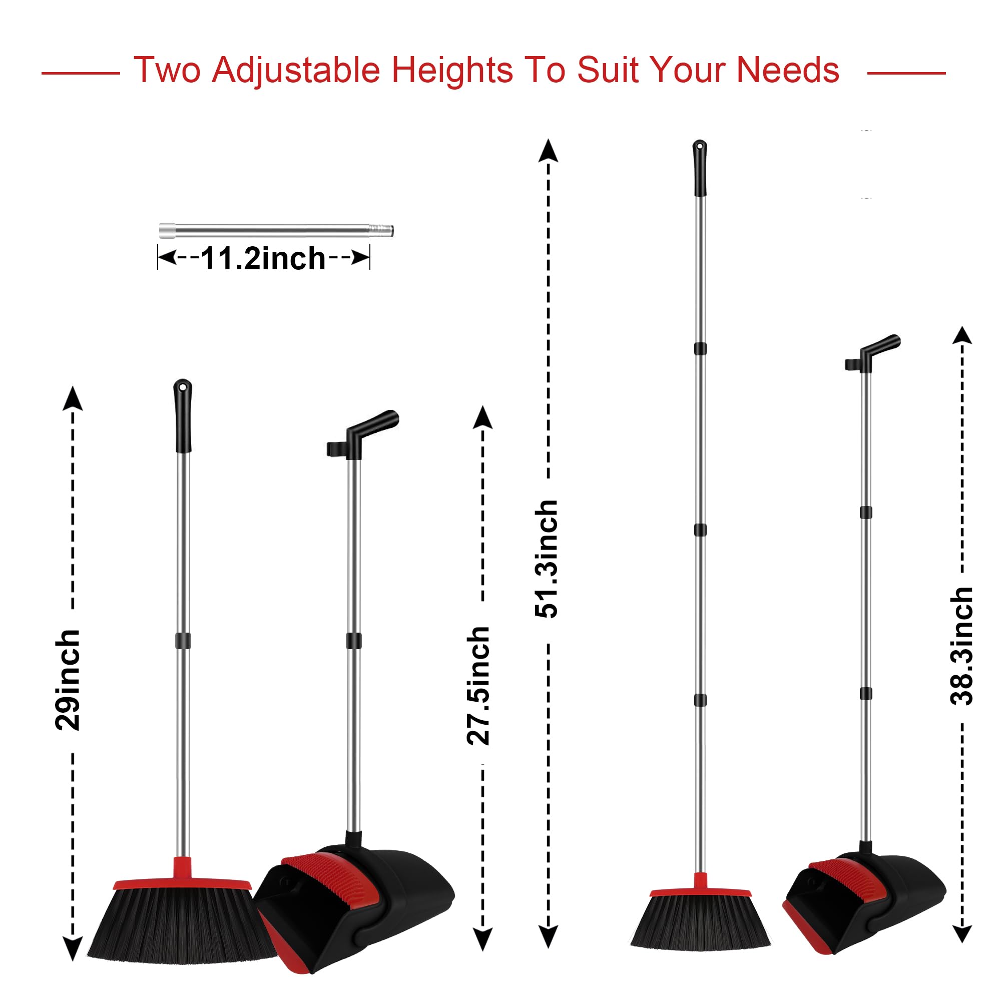 UDUK Broom and Dustpan Set for Household, Red House Broom with Dustpan Combo Set, 51β Long Handle Broom with Dustpan for Dog Cat and Hair Clean