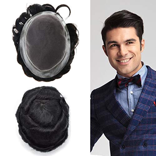 LHC Fine Mono Mens Toupee Natural Hairline Real Remy Human Hair System Clear Poly Skin Around Hairpiece Monofilament Wig (6 * 9, 1B Off Black 120%)