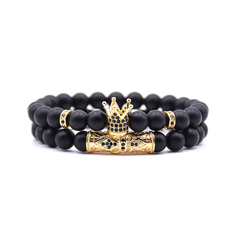 KAMRESH 8mm Beads Bracelets Black Matte Onyx Stone Bracelet Sets Charm King Crown for Women Men Jewelry