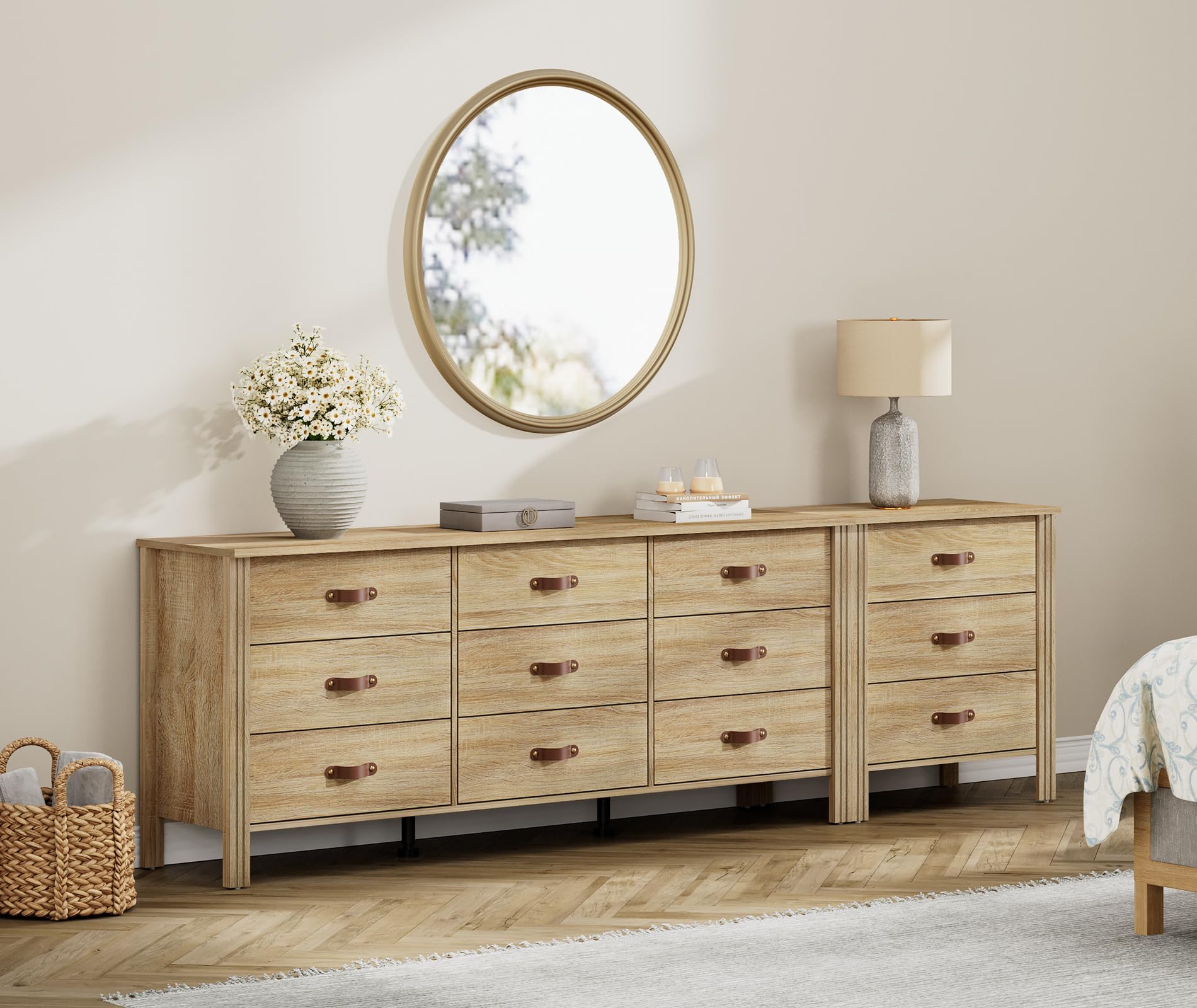 WAMPAT Dresser with 12 Drawers for Bedroom,Wooden Kids Dressers with Wide Chest of Drawers,Mid Century Modern Wooden Closet Storage Organizer,Large Wood Dressers for Living Room, Nursery,White Oak