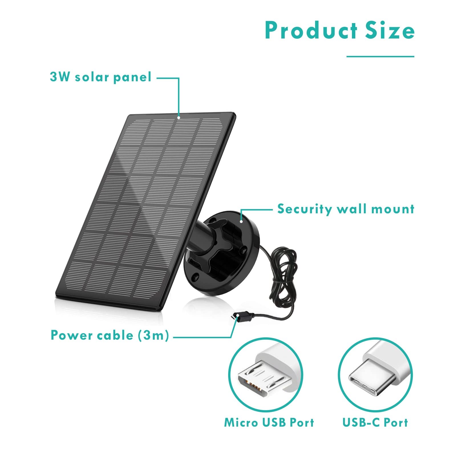 Solar Panels for DC 5V Outdoor Rechargeable Battery Camera, Solar Panel for Security Camera, Solar USB Charger with Micro USB & USB-C Port, 9.8ft Cable, Adjustable Wall Mount, IP65 Waterproof, 2 Pack