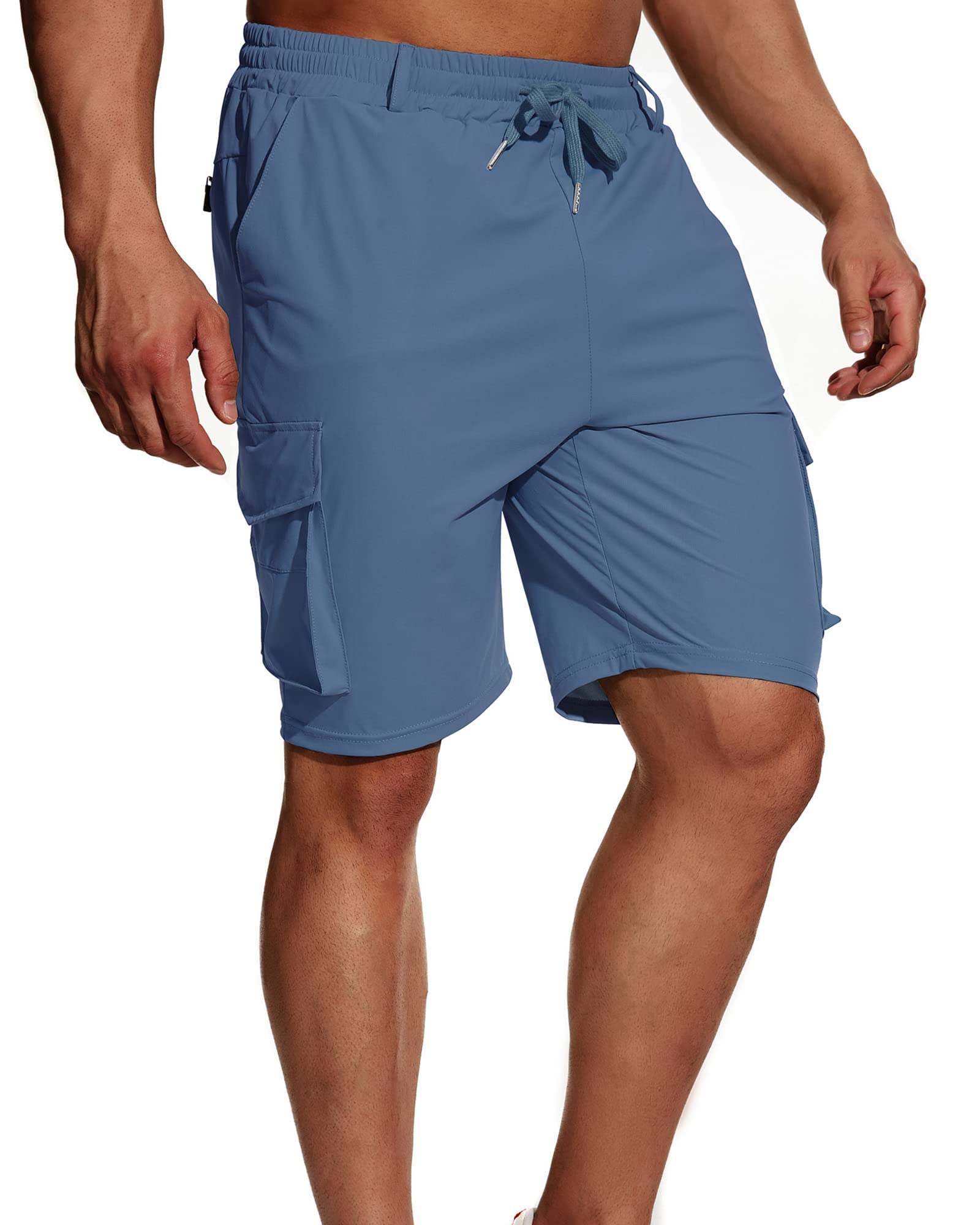 NeedBo Mens Hiking Cargo Shorts Quick Dry Outdoor Stretchy Tactical Shorts with Multi Pockets for Camping Fishing Stone Blue L