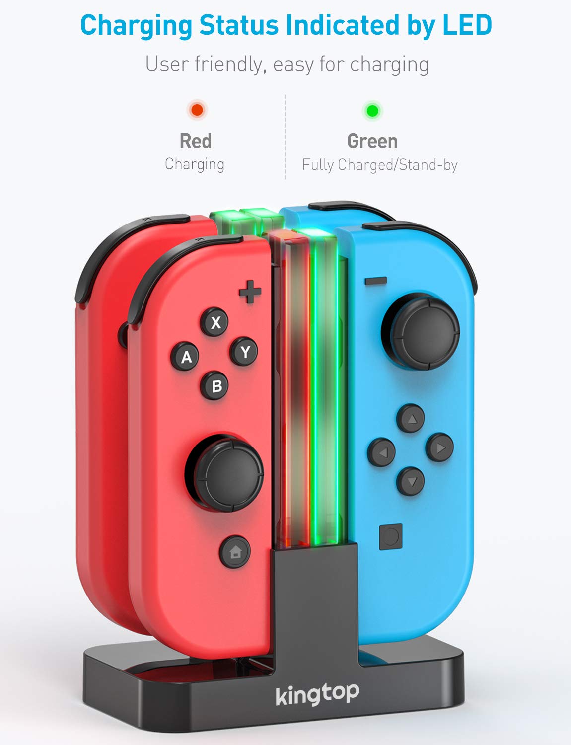 KINGTOP Charging Station Compatible for Nintendo Switch Joy-Con & OLED Model Controllers Charger Dock Stand with Individual LEDs Indicator and Type C Charging Cable
