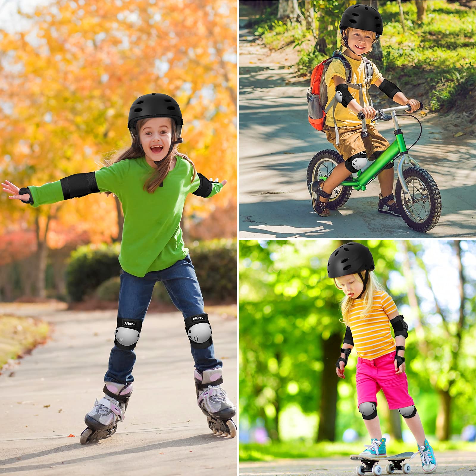 Kid's Protective Gear Set,Roller Skating Skateboard BMX Scooter Cycling Protective Gear Pads (Knee Pads+Elbow Pads+Wrist Pads+ Helmet) (Black)
