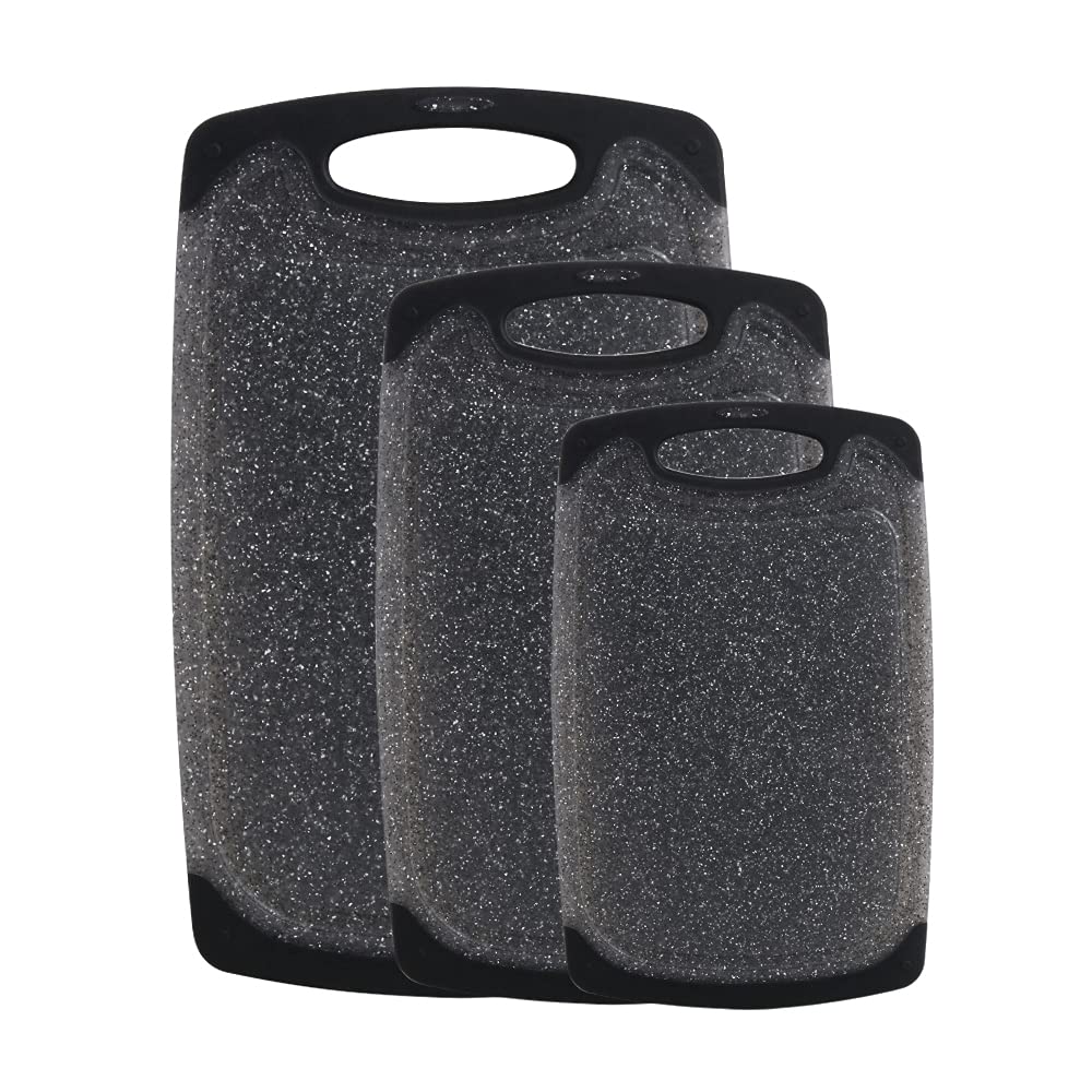 Plastic Cutting Boards for Kitchen, Haomacro Cutting Boards Chopping Board with Juice Grooves, Easy Grip Handle, Non-Slip BPA Free 3 Pieces Cutter Board for Meat,Vegetable,Bread, Dishwasher Safe Black