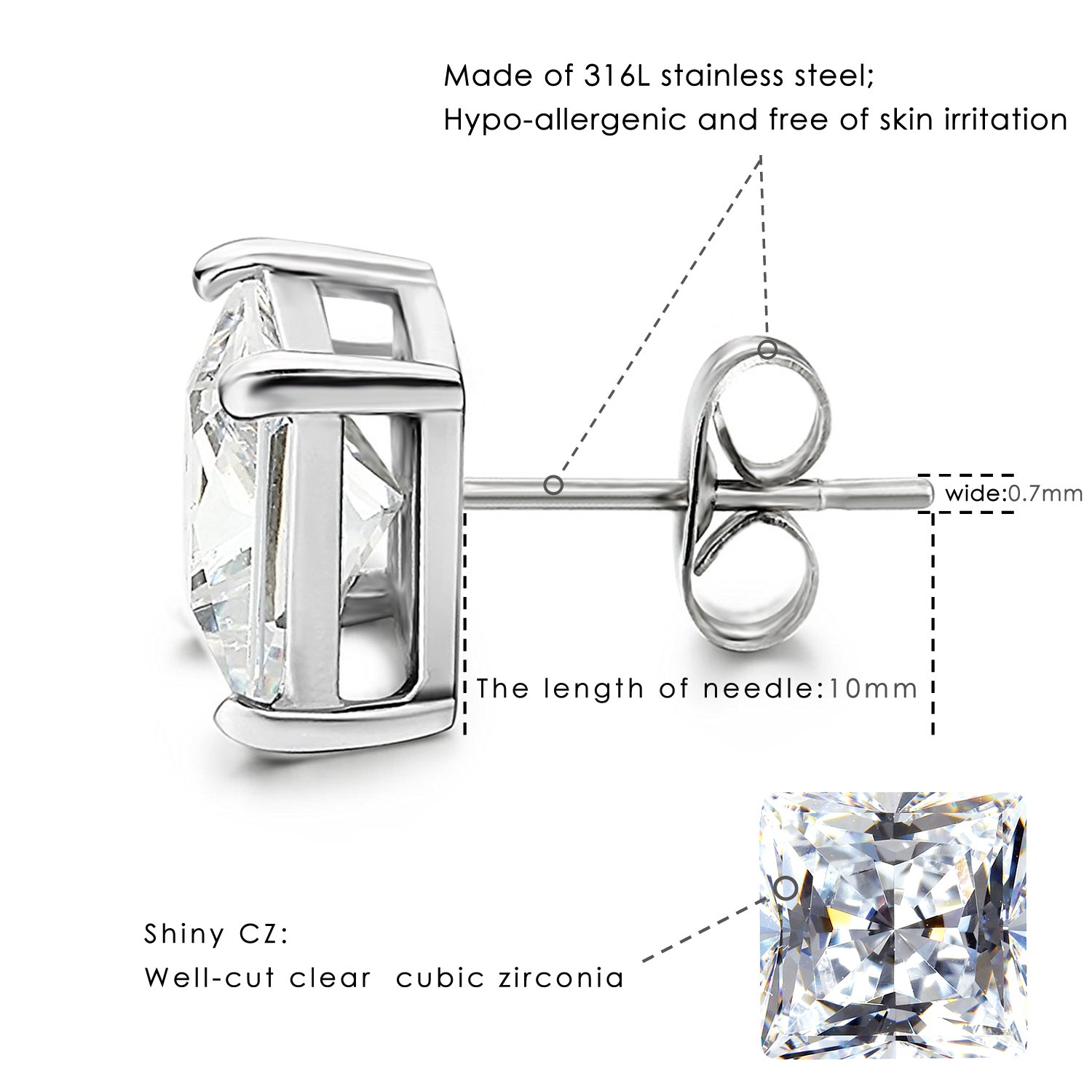 LIEBLICH Princess Cut Cubic Zirconia Stud Earrings Stainless Steel Square Earrings Set 4 Pairs 3mm-6mm (Silver)