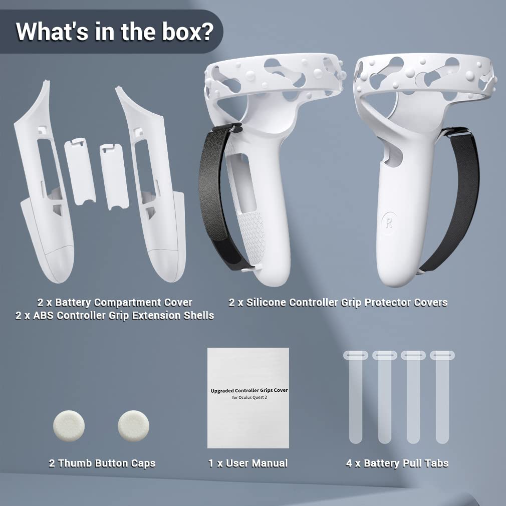 Protector for Oculus Quest 2 Controller Grips for Large Hands, Controller Accessories for Oculus Quest 2, with Knuckle Controller Straps, Silicone/ABS Cover with Battery Opening, Extend 1.7in, White