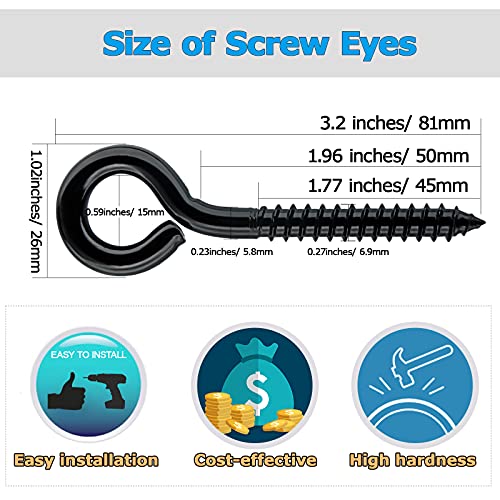 Screw Eyes, Heavy Duty Eye Screw Hooks, Screw in Eye Hooks for Indoor & Outdoor Use, Black Self Tapping Screws, Eye Bolts 4 Pack, 3.2 Inches