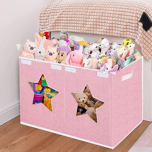Xmasorme Large Toy Box for Girls, Toy Chest Box Organizer Bins with Star Transparent Windows, Sturdy Handles and Mesh Bag, Foldable Large Size Storage Box for Nursery, Playroom, Bedroom
