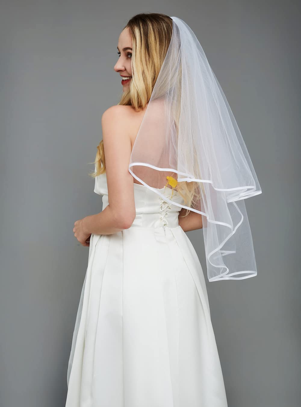 KUNG FU PARTY Bachelorette White Double Ribbon Edge Center Cascade Bridal Wedding Veil with Comb& Bride to Be Satin Sash (White Veil+White Sash)