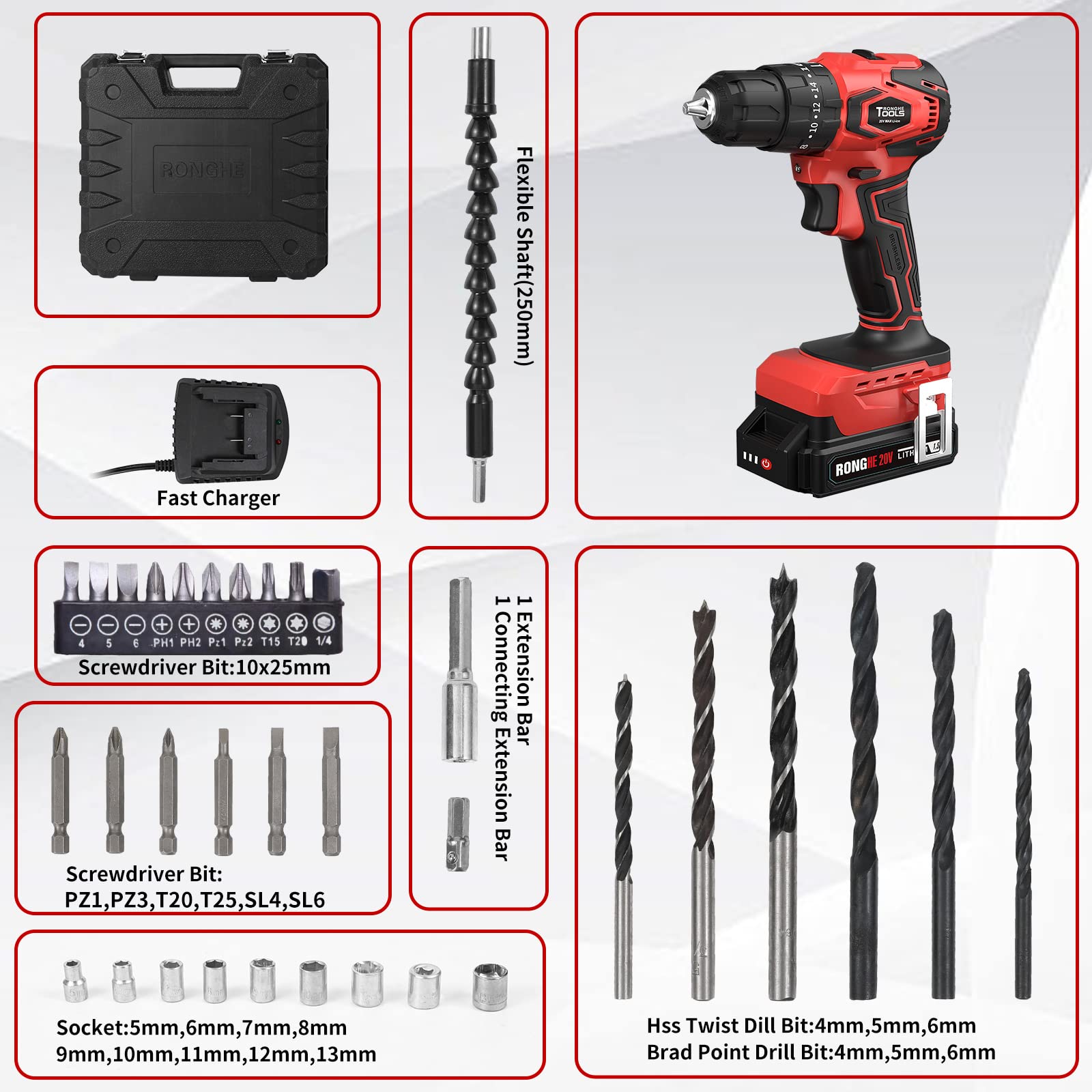 Ronghe 20V Brushless Cordless Drill, Max torque 442 In-lbs,20+3 Torque setting 3/8โ Automatic Chuck, equiped with 34 pcs Drill bit set, Battery and Fast charger for Home improvement & DIY project