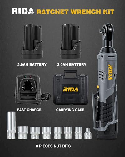 RIDA Cordless Electric Ratchet Wrench Set 40 Ft-lbs 400 RPM 3/8" 12V Cordless Ratchet Kit w/ 2-Pack Li-Ion Batteries & 60-Min Fast Charge, Variable Speed Trigger 8 Sockets New Year presents