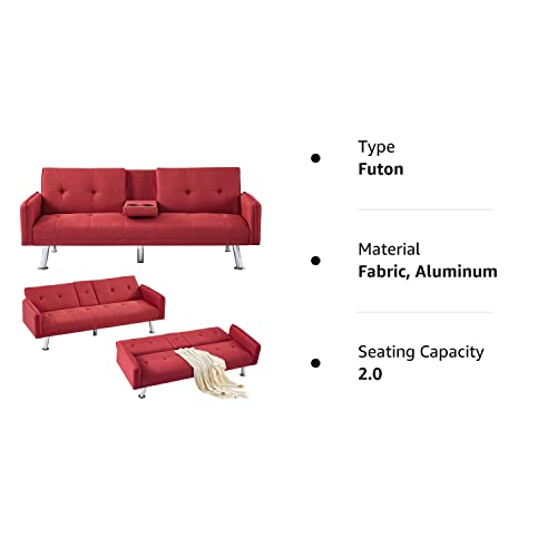 Lamerge Futon Sofa Bed,Convertible Upholstered Folding Sofa,Multi-Functional Sofa Couch for Compact Small Space,Apartment,Dorm,2 Cup Holders,72.4",Red (LFSB-R)