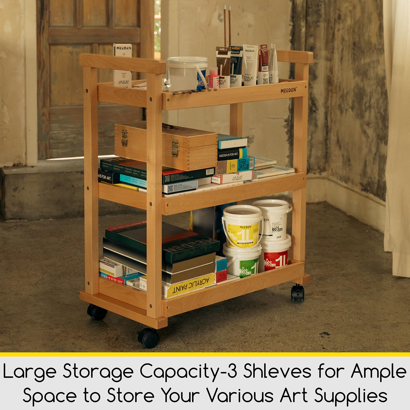 MEEDEN Art Supplies Cart, Walnut 3-Tier Multifunctional Art Storage Cart Organizer, Solid Beech Wood Studio Cart Art Taboret with Caster Wheels, Rolling Utility Cart Organizer for Artist