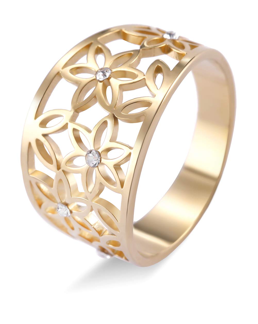 LIKGREAT Flower of Life Rings Shiny Rhinestone Flower Ring Wide Eternity Band Ring for Women (gold, 7)