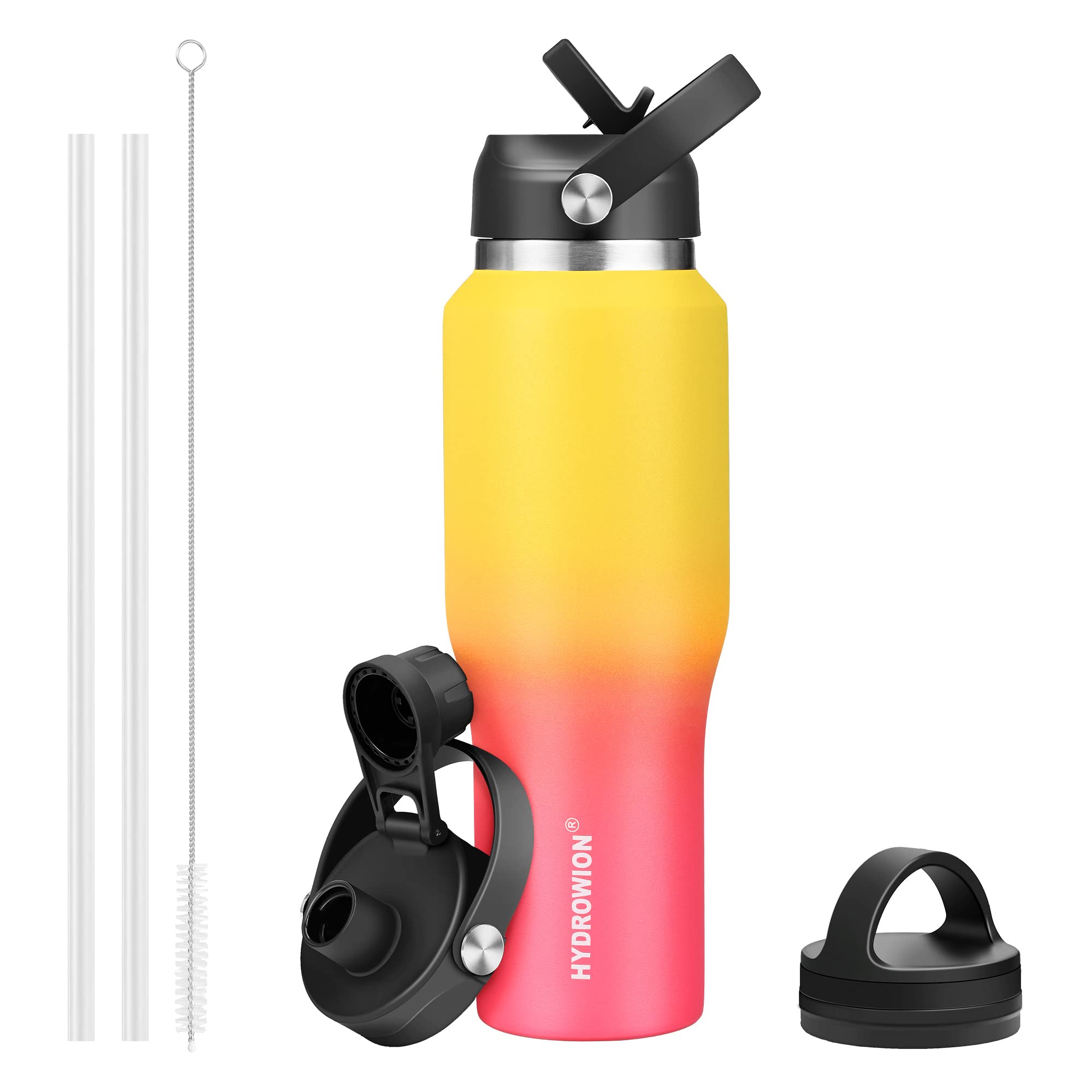 HYDROWION Water Bottle, 32oz Double Wall Vacuum Stainless Steel Insulated Water Flask with Straw Lid, Spout Lid and Flex Cap(Cold for 48 Hrs, Hot for 24 Hrs), Leakproof Travel Thermo Mug, Yellow&Pink