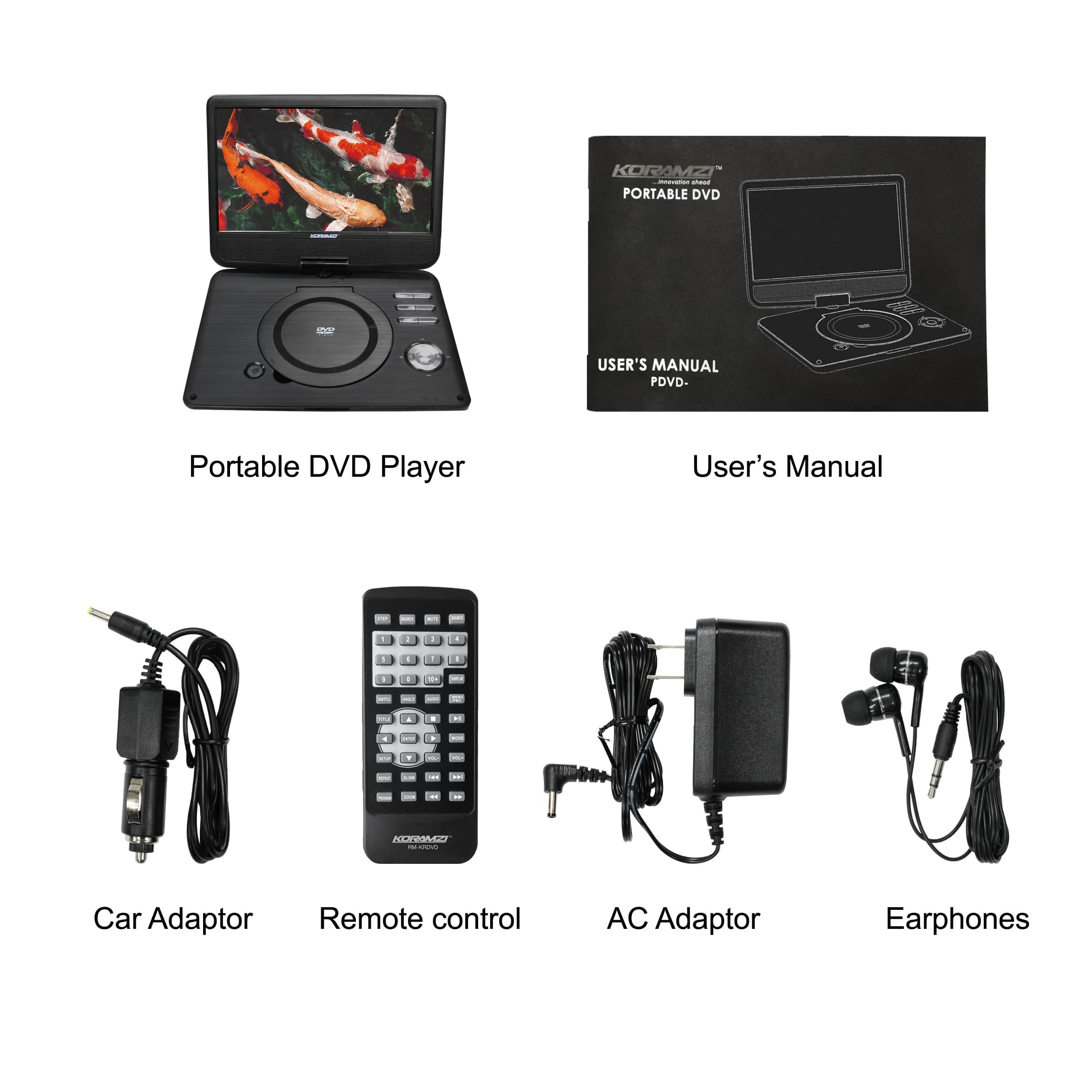 Koramzi Portable Swivel DVD Player with Rechargeable Battery/USB&SD Reader/AV Out/Headphone Jack/Remote Control/AC-DC Power Adaptor/Multi-Region DVD Format- PDVD (Medium, Black)