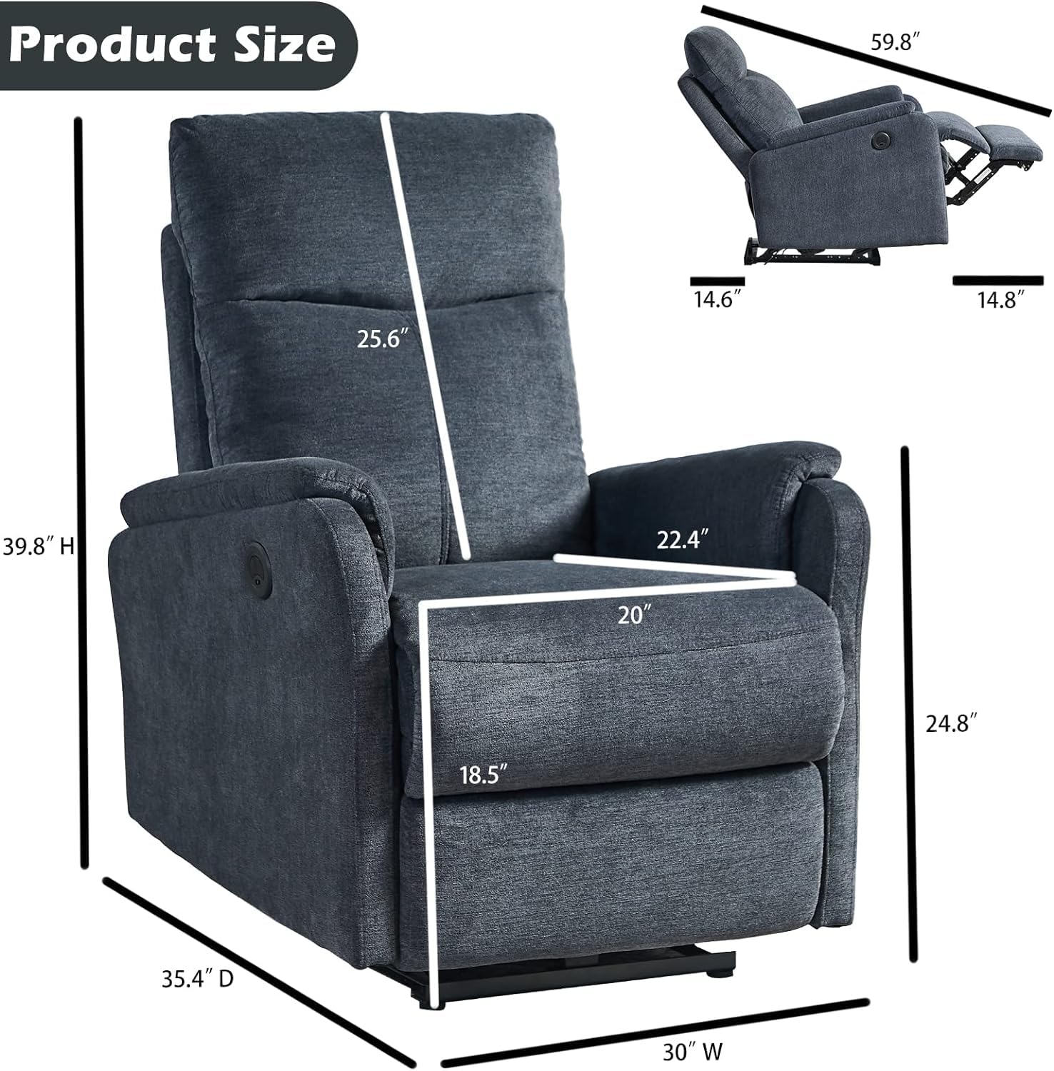 LAMXO Electric Power, Small Recliners on Clearance,Living Room Single Sofa, Home Theater Seating with USB Port,Ergonomic Lounge Chair,Dark Grey