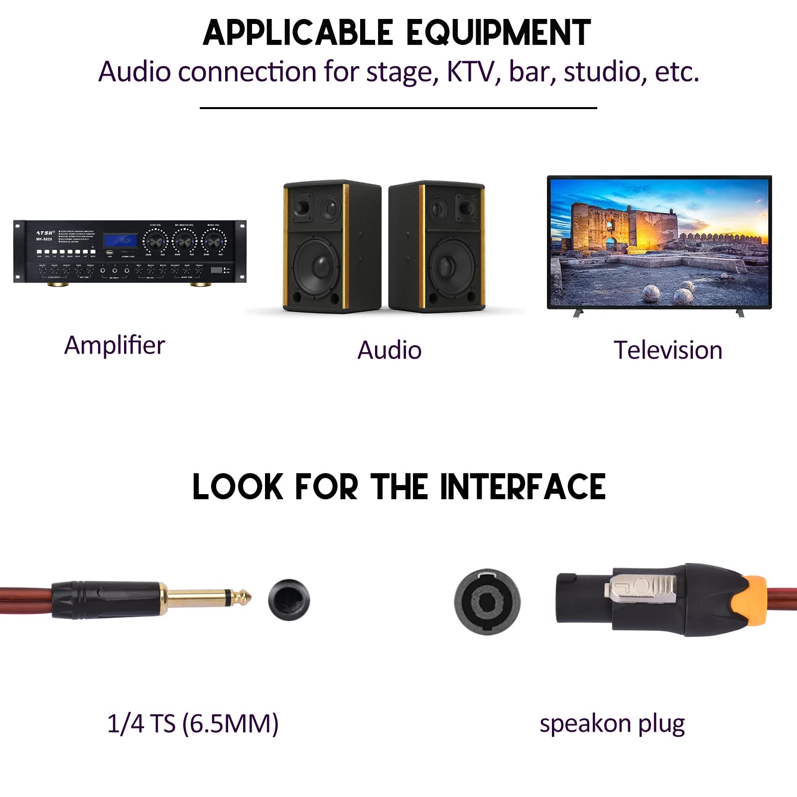 Speakon to 1/4" TS Male Speaker Cables 10FT 2PCS Professional 14 Gauge AWG Wire Audio Amplifier Connection Cord DJ/PA Speaker Cable Wire