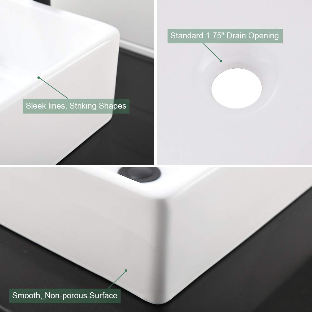 SOMRXO Bathroom Vessel Sink Square Vessel Sink For Bathroom 15"X15" Above Counter Bathroom Sink White Porcelain Ceramic Bathroom Vessel Sink Vanity Sink Art Basin