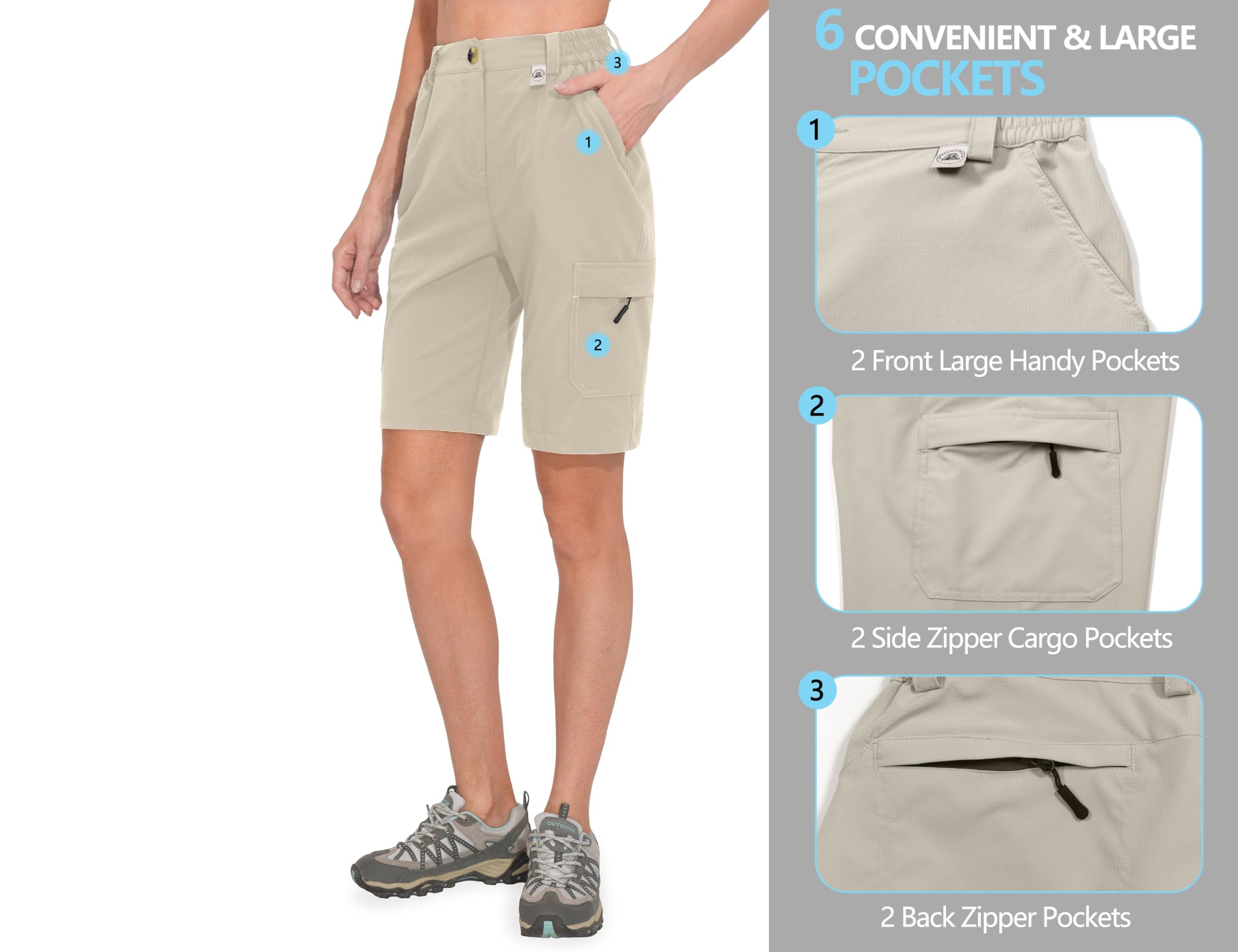 Mapamyumco Women's 10 Inch Inseam Hiking Cargo Shorts Quick Dry Lightweight Golf Shorts Bermuda for Summer Travel Dark Khaki L
