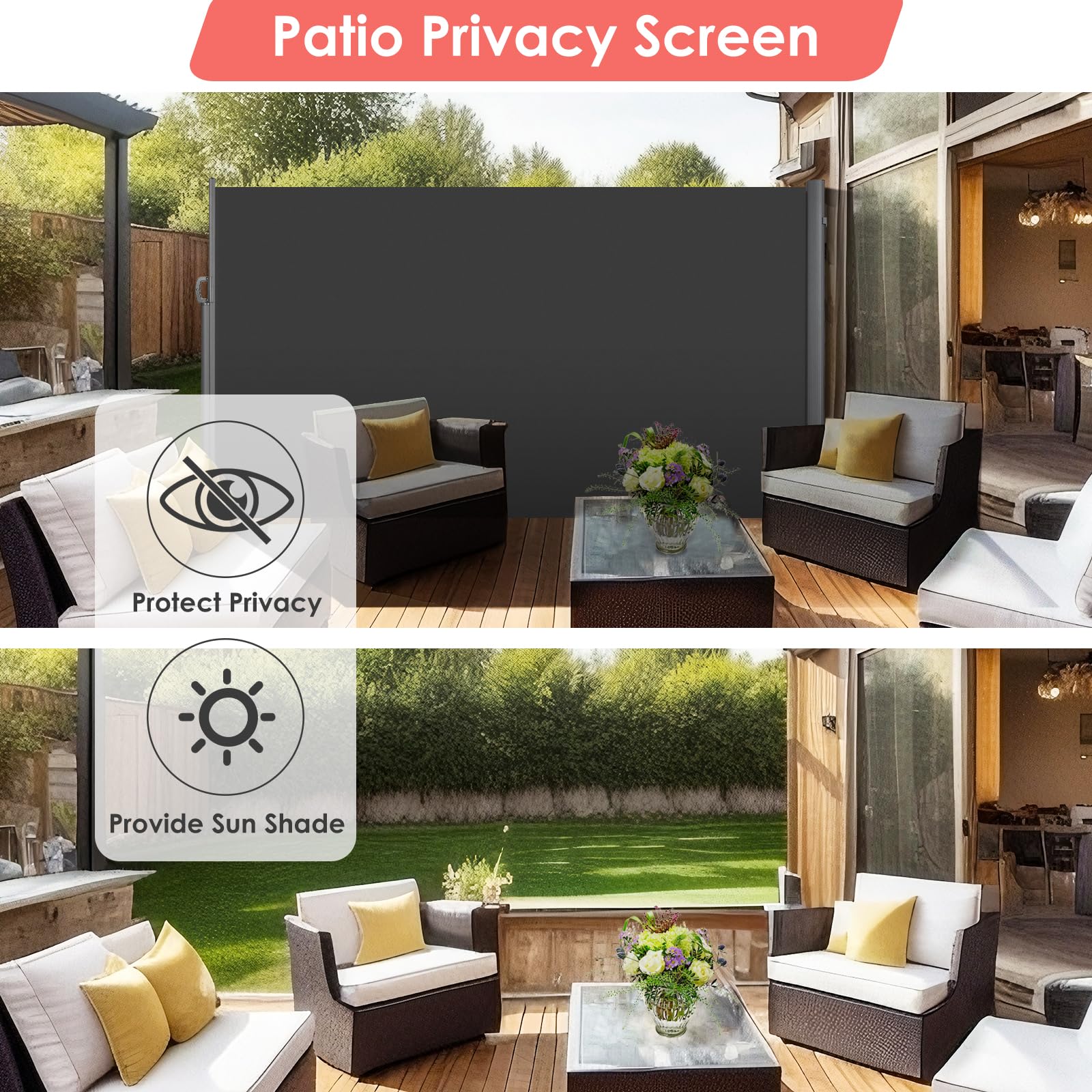 Retractable Side Screen Awning, UV Resistant, Waterproof, Patio Privacy Screen for Garden, Balcony, Courtyard(Dark Grey), 118.1" x 70.9"