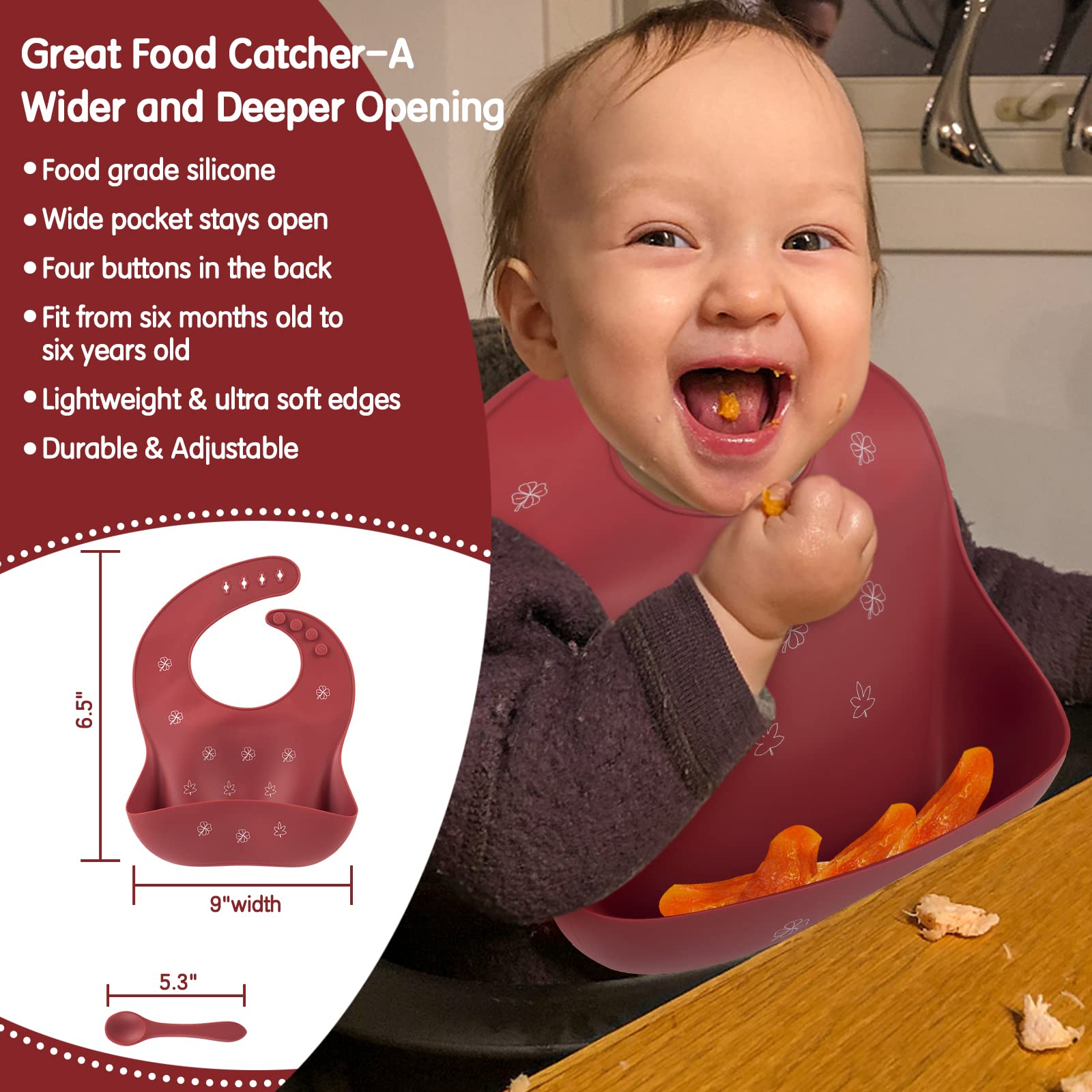 Silicone Baby Bib - Waterproof Bib with Spoon- Stay Open Pocket Feeding Bib for Toddlers- Lightweight Comfortable Adjustable Snaps Food Grade Bib - Easily Wipe Clean (Red)