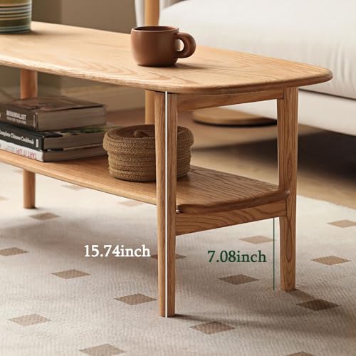Toderoy Small Oval Coffee Table with Storage, Oak Wood Coffee Table for Living Room, 2-Tier Small Coffee Tables for Small Spaces - 15.75" D Modern Coffee Table (47.24W x 15.75" D x 16.53" H)