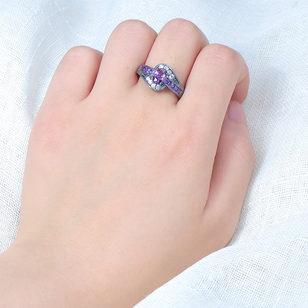 JunXin New Three 10KT Black Gold Wave Ring, Womans Wedding and engagement purple Cz Rings. size 7(purple Cz)