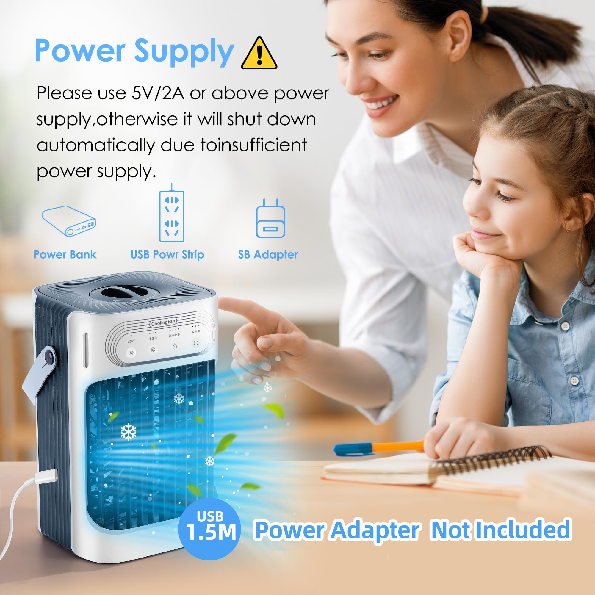 TAKSHO Portable Air Conditioner 3 Cold Wind Speeds-3 Mist Levels, 7 Color-Changing LED Lights - 10W&900ml Water Tank, USB-Powered Evaporative Air Cooler Unit with 2-8 Hour Timer, portable cooling fan