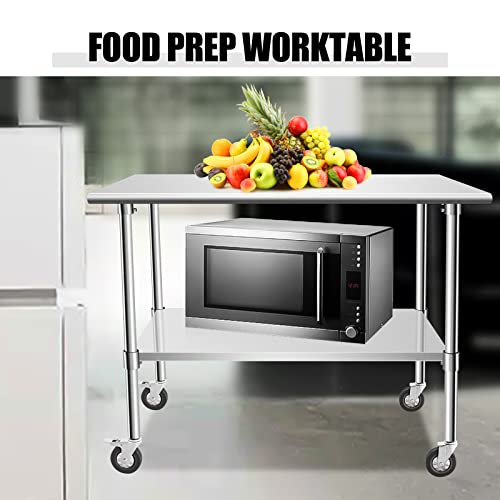 KODOM Food Prep Stainless Steel Table 36" x 18", Heavy Duty Workbench with Adjustable Under Shelf, Commercial Worktable with 4 Casters for Commerical Kitchen, Restaurant, Home and Hotel