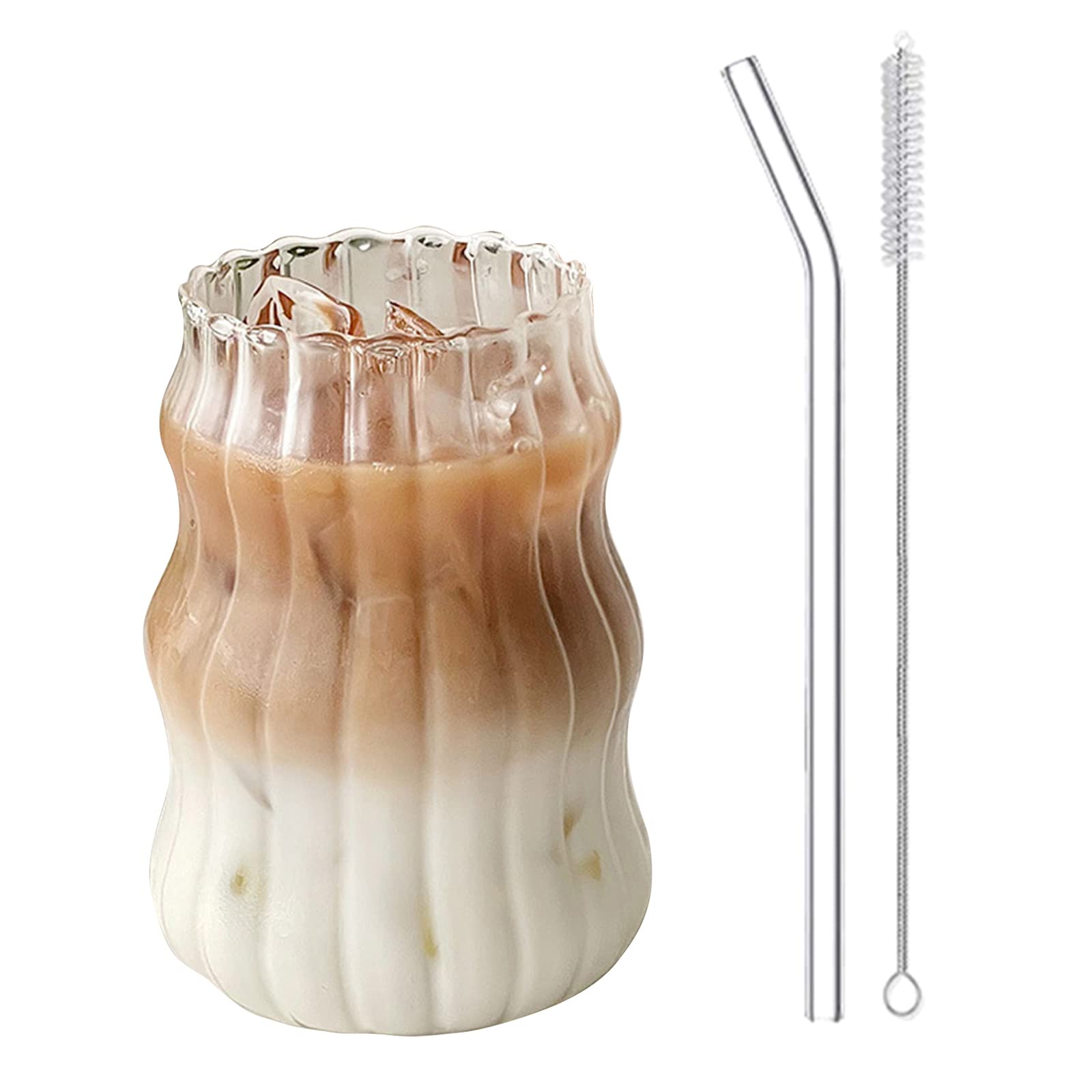 Maritown Ribbed Glassware Drinking Glasses with Straws, 18oz Ripple Glass Cups, Iced Coffee Glasses, Wave Shape Beverage Glasses, Cute Tumbler Cup for Cocktail Whiskey Beer Tea Smoothie Juice