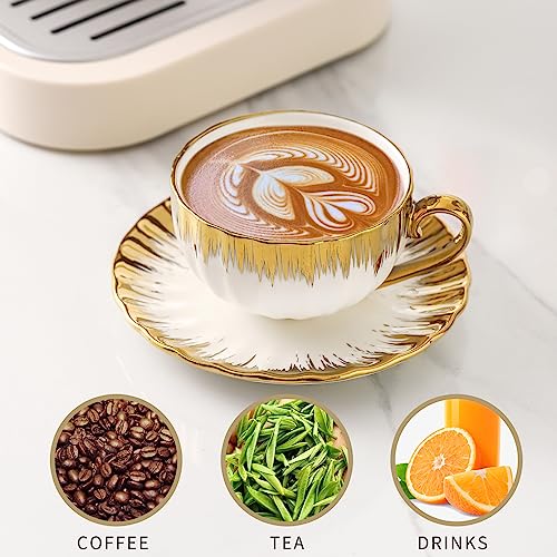 LETAOTAO Cappuccino Cups with Saucers, Ceramic Coffee Cup with Gold Trim, 6 oz for Double Espresso, Latte, Cafe Mocha, Tea,Set of 6,White
