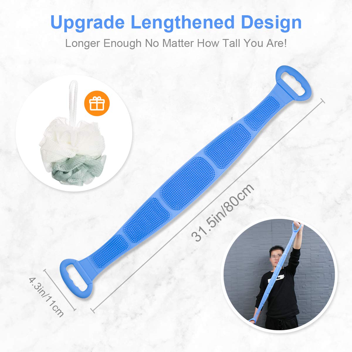 Silicone Bath Body Scrubber Brush 31.5 Inch Long Silicone Back Shower Scrubber Brush, Lathers Well, Exfoliating Body Brush Back Washer, Comfortable Massage Bathing Washer Cleaner