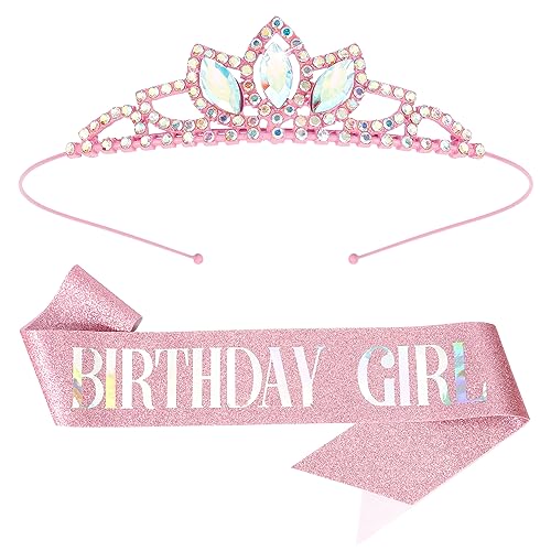SuPoo Tiaras for Girls Pink Birthday Crown Birthday Girl Sash Princess Crown Birthday Girl Headband Crystal Birthday Tiara with Comb Crown for Girls Rhinestone Happy Birthday Accessories Gift