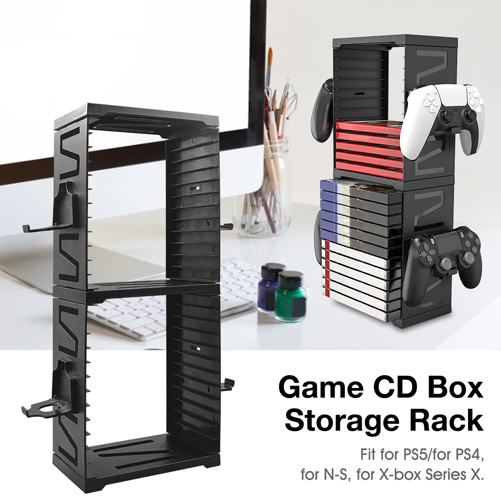 Motffsa Game Holder Game Storage Organizer, Game Card Box Storage Rack Double-layer Bracket, PS5/4 Game Holder Game Disk Rack and Controller Organizer