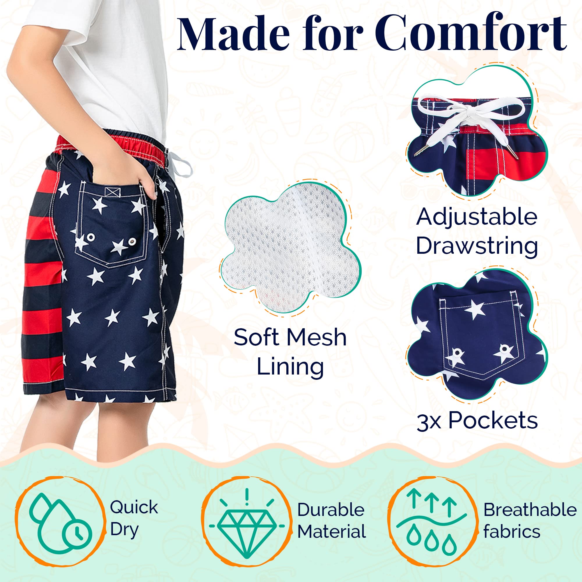 Kute 'n' Koo Boys Swim Trunks, Quick Dry Boys Boardshorts, Boys Bathing Suit Sizes from 2T to 18/20