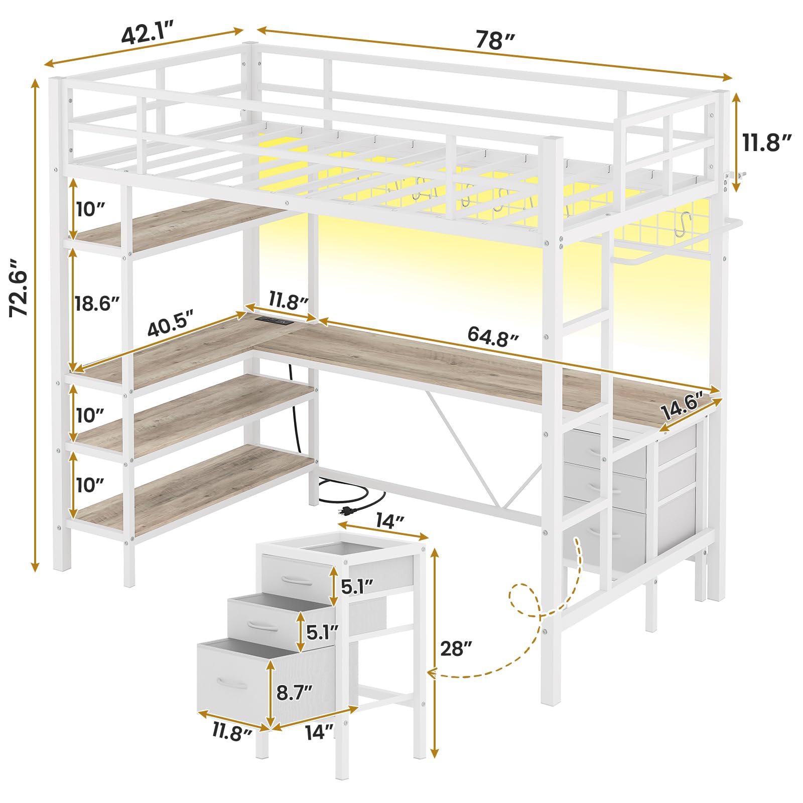 VIAGDO Loft Bed Twin Size with L-Shaped Desk, Charging Station and LED Lights, Twin Loft Bed with 4-Tier Bookshelf and 3 Drawers, Clothes Rail, Safety Guardrail&Ladder, No Box Spring Needed, White