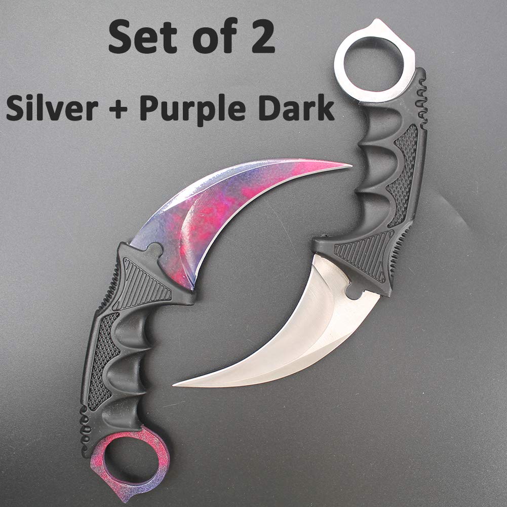 Karambit Knife, Set of 2, CS-GO for Hunting Camping Fishing and Field Survival, Stainless Steel Fixed Blade Tactical Knife with Sheath and Cord (Silver + Purple Dark).