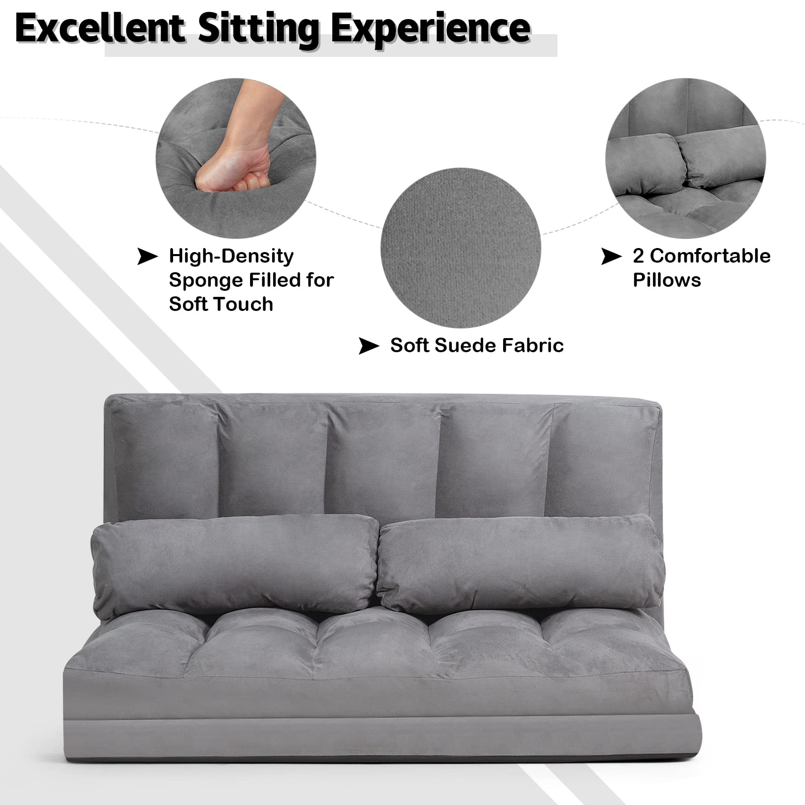 KOMFOTT Adjustable Floor Sofa Bed, Foldable Lazy Sofa Sleeper Bed with 6 Position Backrest & 2 Pillows, Convertible Futon Couch Bed with Suede Cloth Cover, Lounge Recliner for Living Room