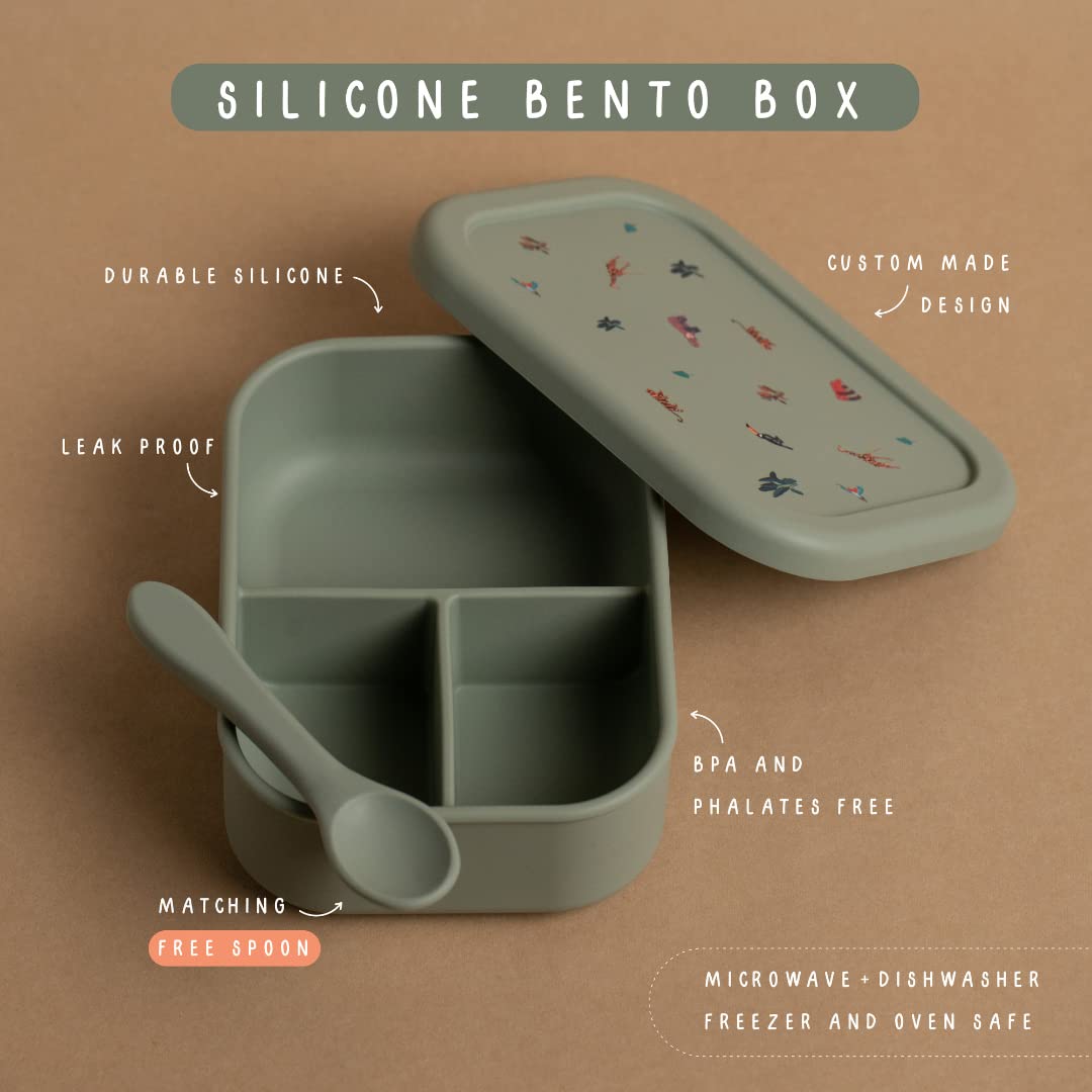 Silicone Bento Box For Kids And Toddlers - 3 Leakproof Compartments - Dishwasher, Oven And Microwave Safe - Eco friendly BPA free - For Daycare Elementary School Lunch, Snacks (Green Forest)