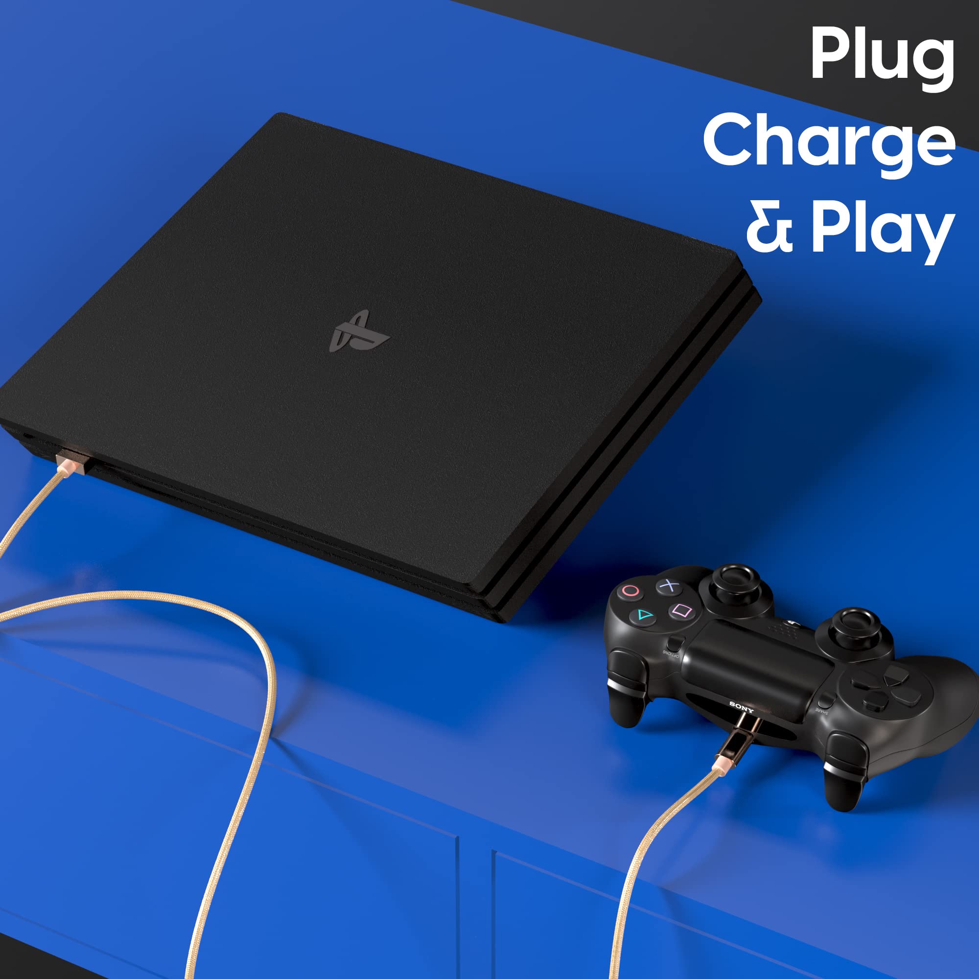 TALK WORKS PlayStation 4 Charging Cable - 6' Nylon Braided Micro USB Charger Cord, Heavy Duty Fast Charge for PS4 (Gold, Pack of 2) (14092)