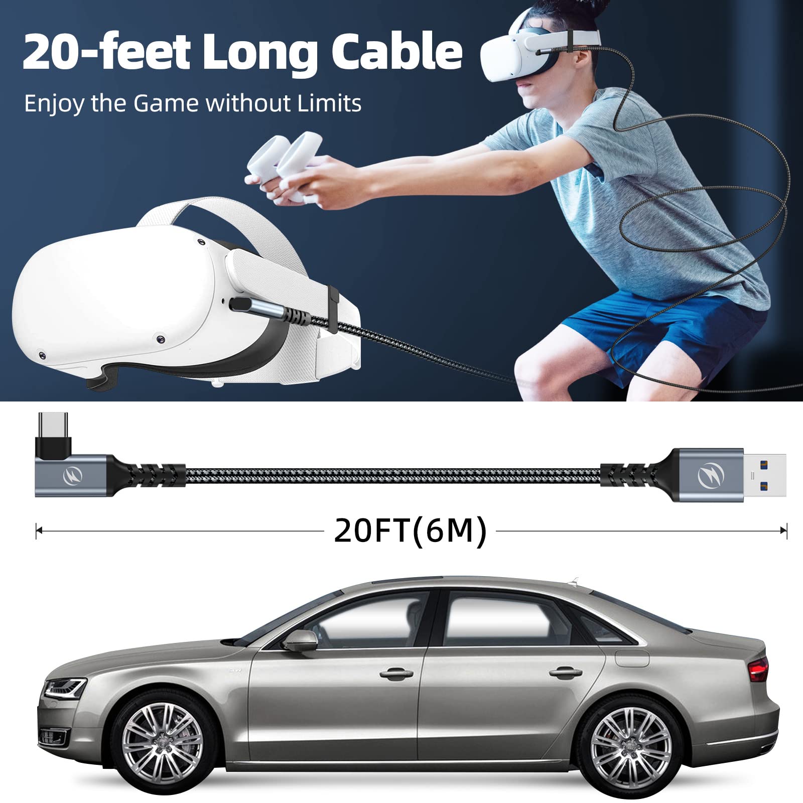 seynli 20ft Link Cable Compatible with Meta Quest 2 and PC/Steam VR, Long Charging Cable for Oculus Quest 2, 5 Gbps Data Transfer & Fast Charging USB C Cable - PC VR
