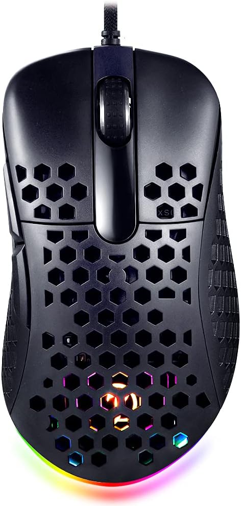 Lightweight Gaming Mouse, Honeycomb Design RGB Backlit Support Custom Buttons Maximum Support 12000DPI (Black)