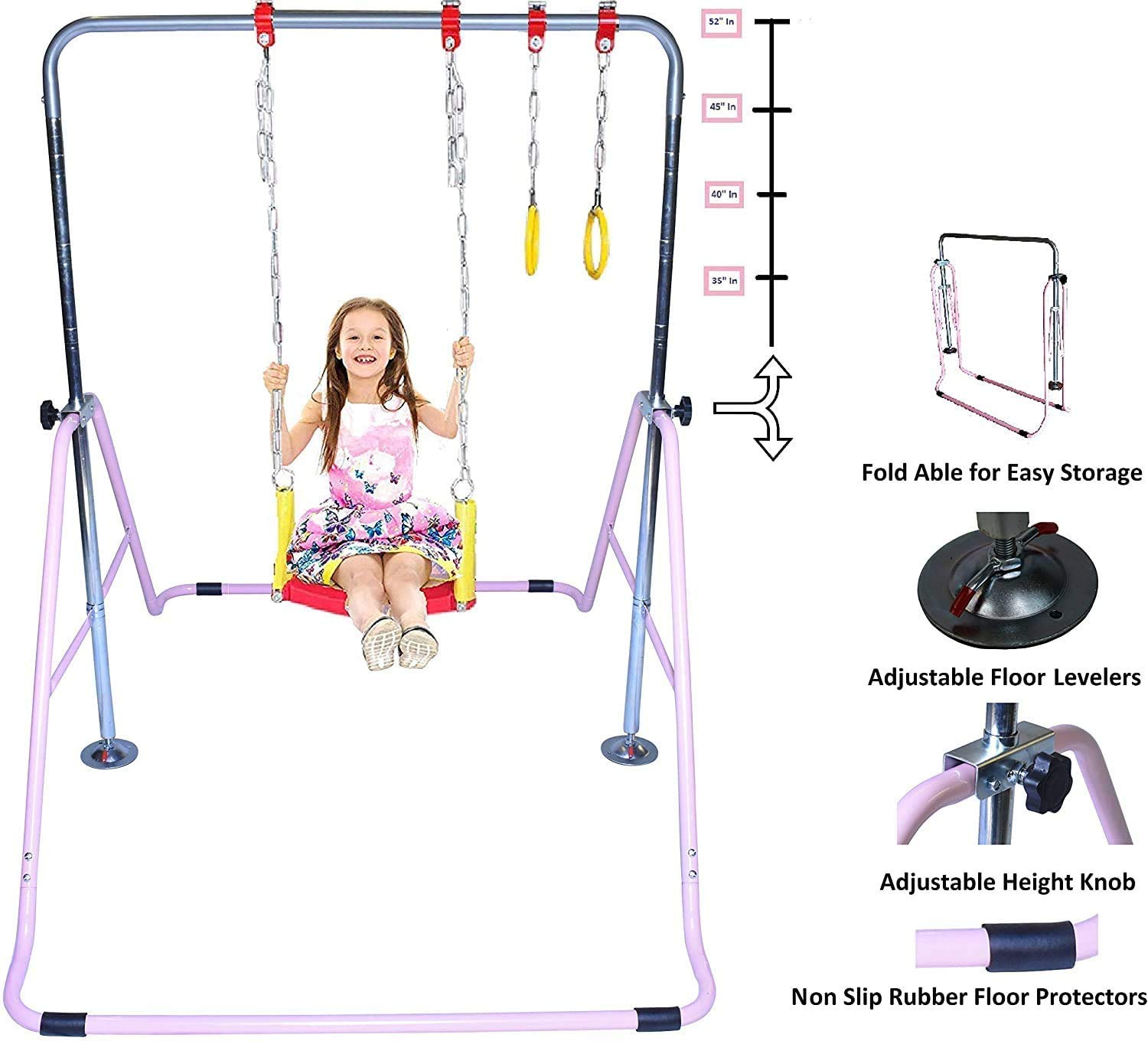 Kids Home Gymnastics Bar Jungle Gym 3 in 1 Set Deluxe Swing Seat, Trapeze Rings, Horizontal Kip Bar Height Adjustable Monkey Bar, Expandable Junior Training Gymnastic Balance Bar, Swing Set (Pink)