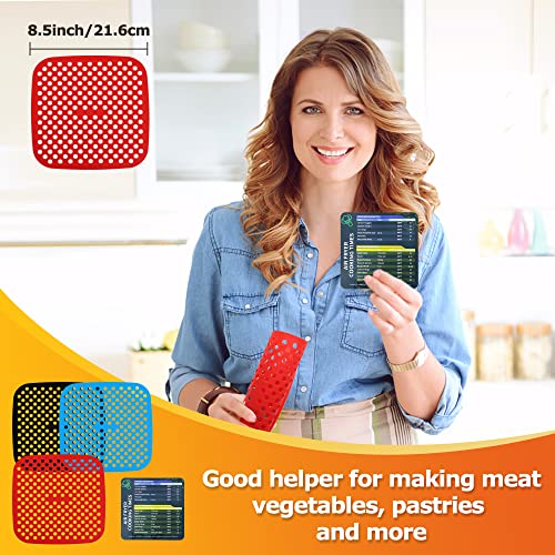 Reusable Air Fryer Silicone Liners Set, 8.5in Non Stick Perforated 5.8qt Air Fryer Accessories with Magnetic Cheat Sheet Deep Fryer Parts Replace Parchment Paper Easy Clean, 3 Pcs Square