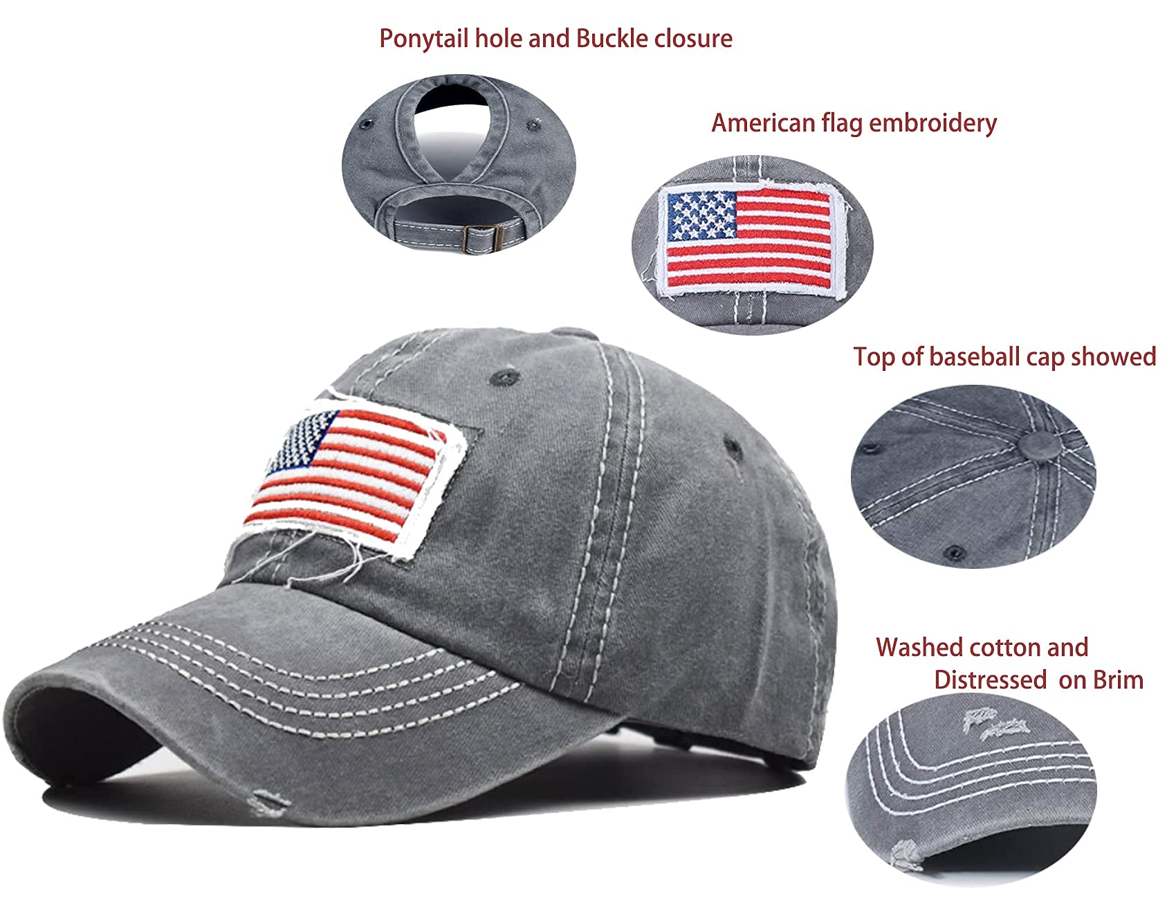 IZUS American Flag,Distressed Baseball Hat – 100% Distressed Cotton Dad Hat Embroiderred for Adult (Ponytail Hat Black/No Hair)