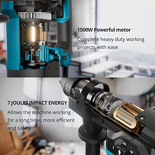 Tilswall 1-1/4 Inch SDS-Plus Rotary Hammer Drill 1500W, Safety Clutch 4 Function and Adjustable Soft Grip Handle with Vibration Control, Including Grease, Chisels and Drill Bits with Case