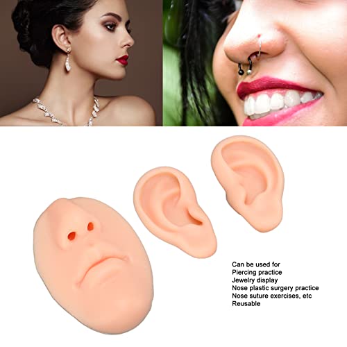 Silicone Ear Nose Model, Piercing Training Model Silicone Ear Model for Beginners, Simulated 3D Nose and Mouth Model, Teaching Tool for Piercing Exercises (Light Skin Color)