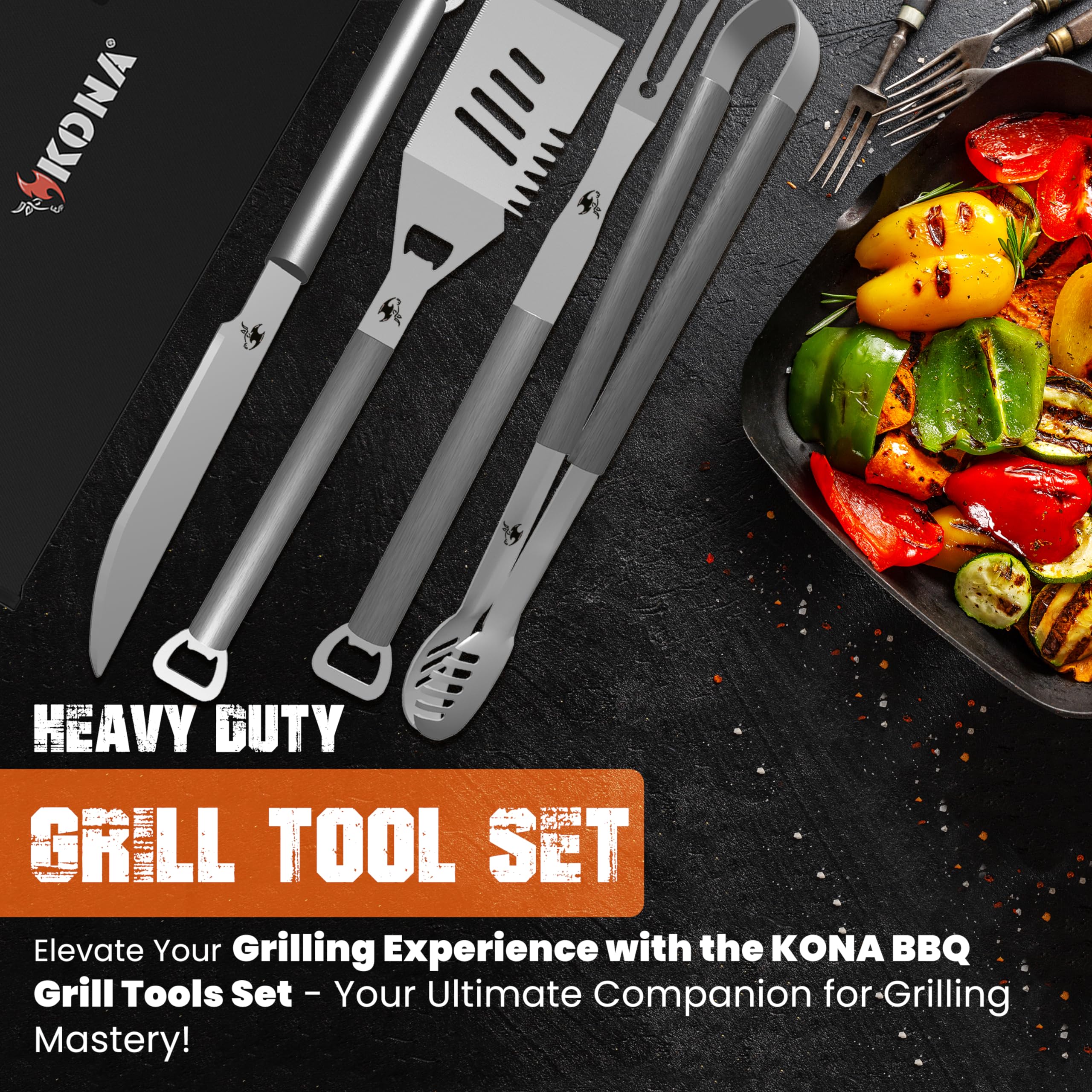 Kona Ultimate BBQ Grill Accessories Kit - All-in-One Outdoor Grilling Tools Set - Premium 18" Grill Tools & BBQ Utensils - Perfect Grill Set for BBQ Enthusiasts includes Instant Read Meat Thermometer